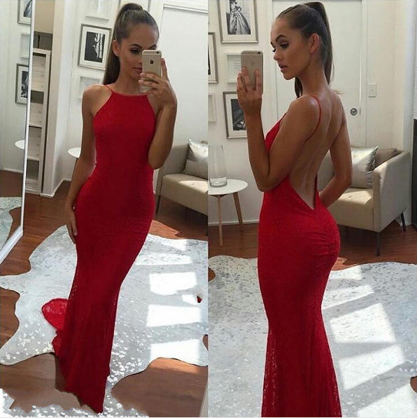 Red Lace Open Back Prom Dresses Mermaid Style Modest 2017 Formal Dress ...
